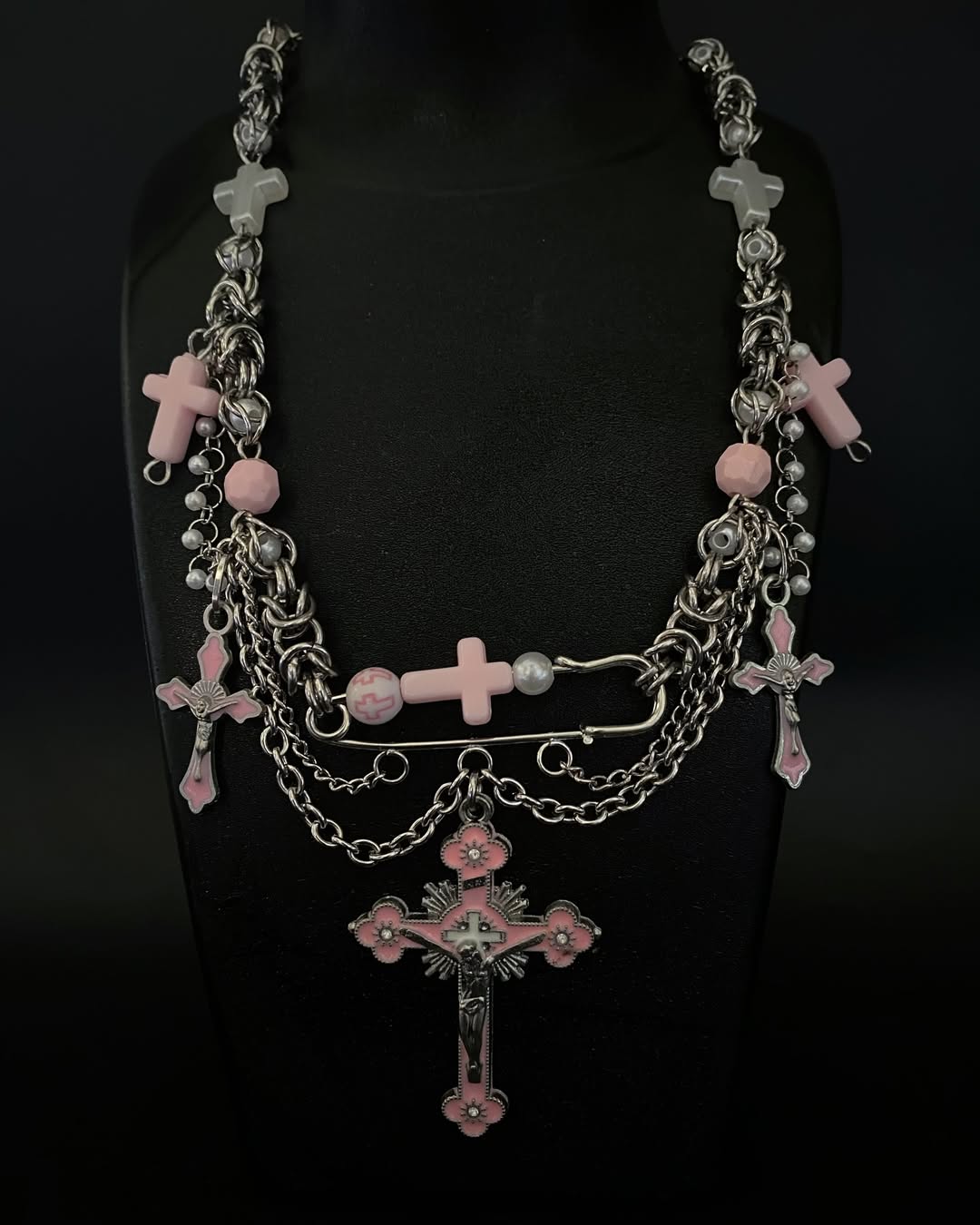 Pastel Pink Gothic Cross Layered Necklace with Safety Pin Accent ...